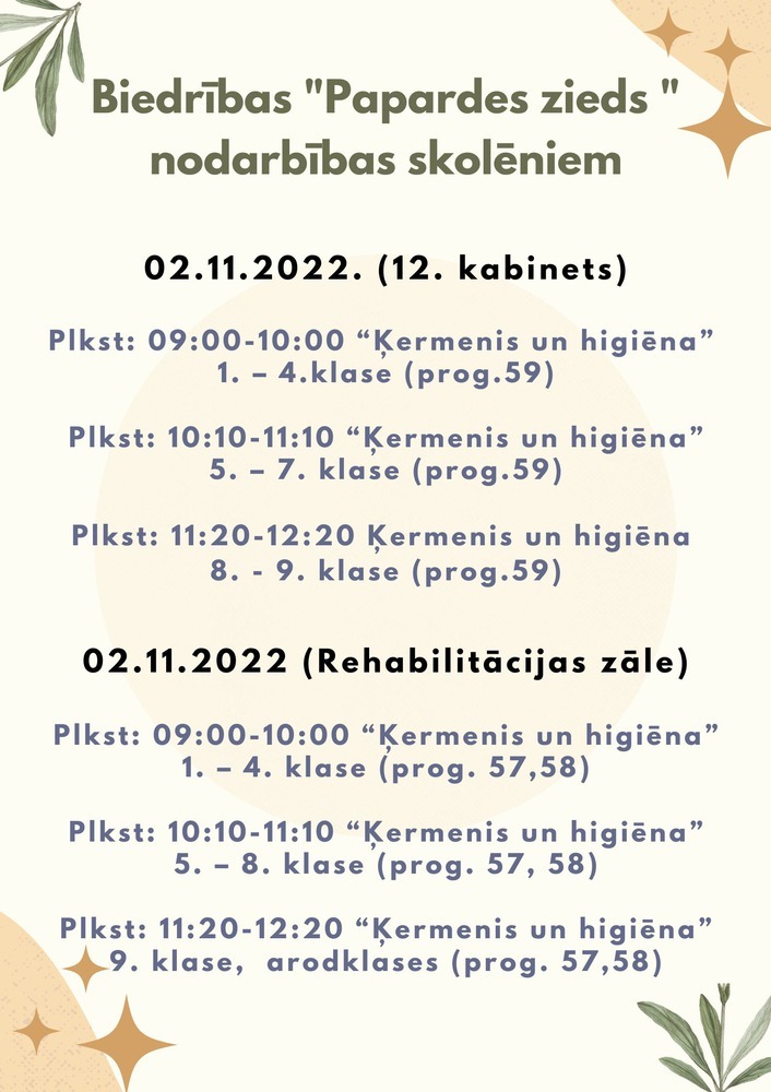Biedrības "Papardes zieds" nodarbības skolēniem 02.11.2022 09:00 - 12: ...